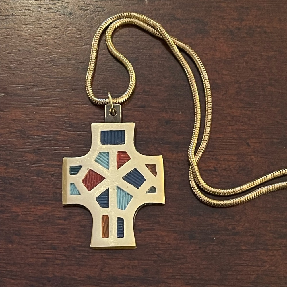 1966 Terra Sancta Brass Colored Glass Cross Pendant A… - Gem